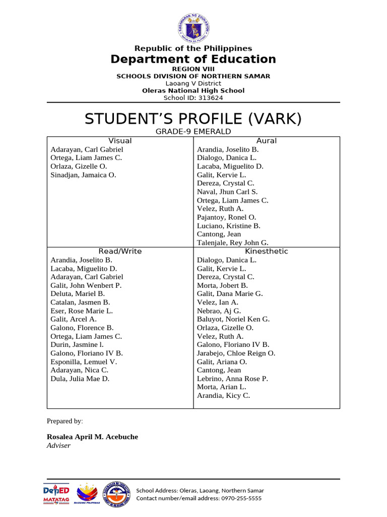 Grade 9 Student VARK Profiles | PDF