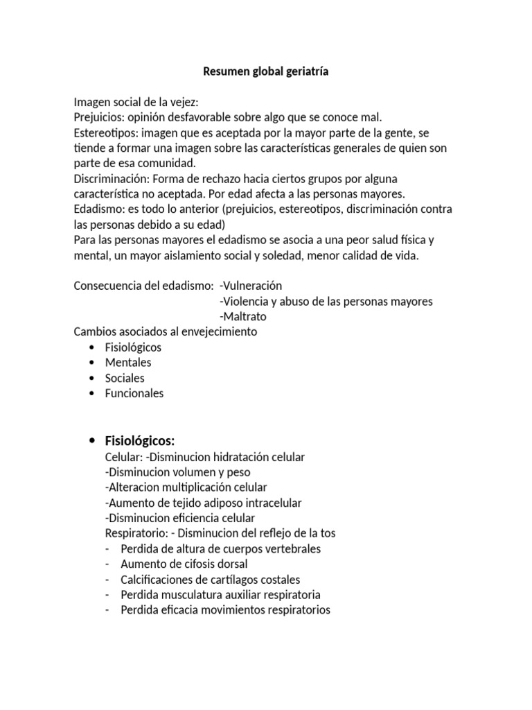 Resumen Global Geriatría | PDF | Vejez | Biología