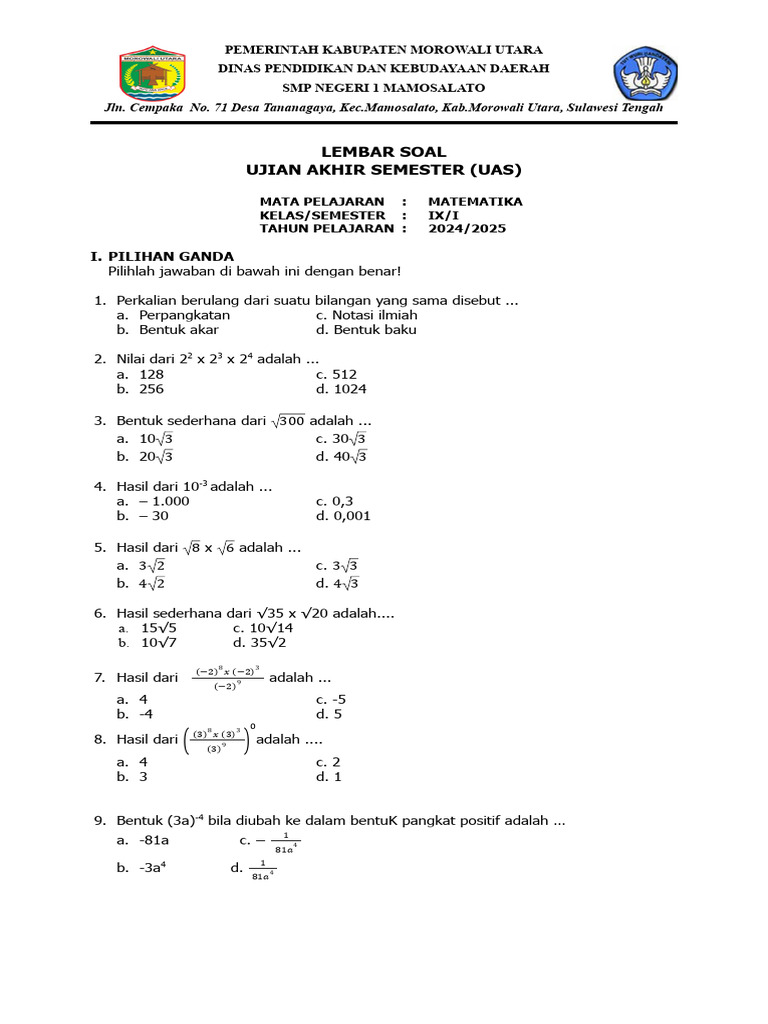 Soal Ujian Kelas Ix Semester 1 2024-2025 | PDF