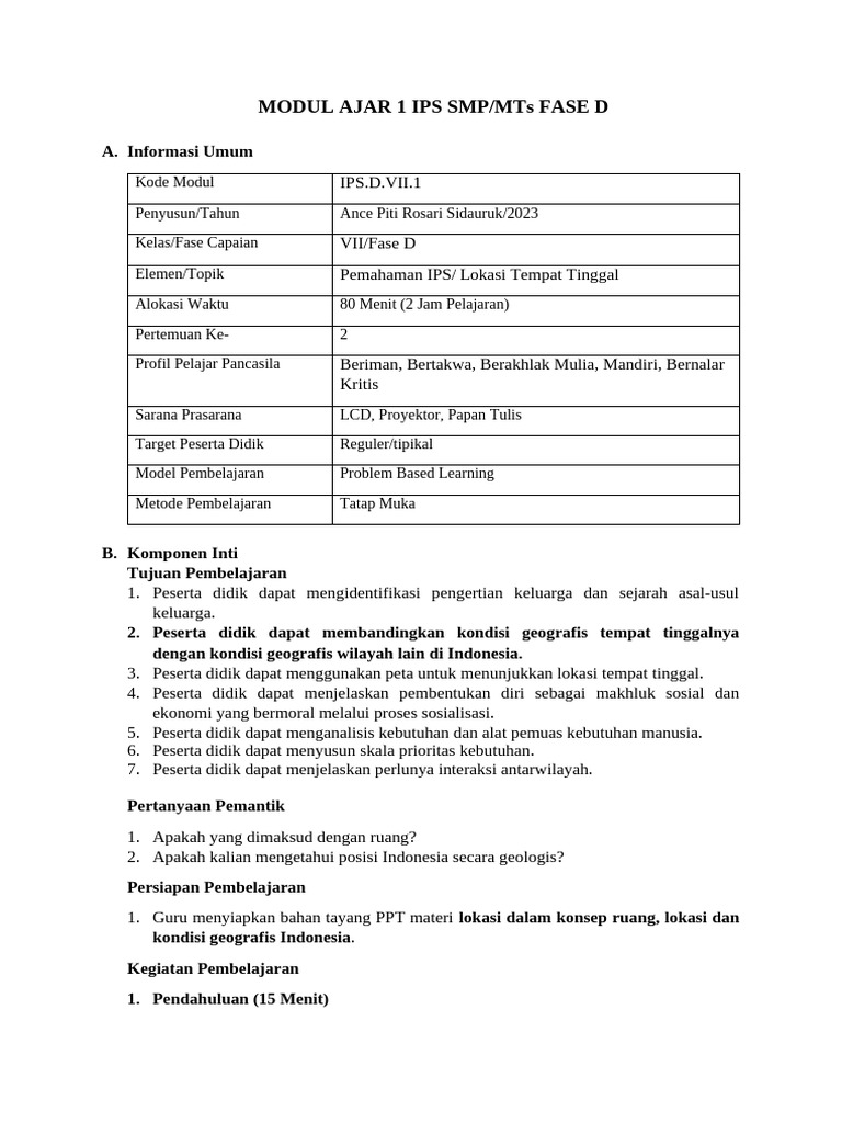 Ips SMP Kelas Vii - Modul Ajar 1.2 (Bab 1) | PDF