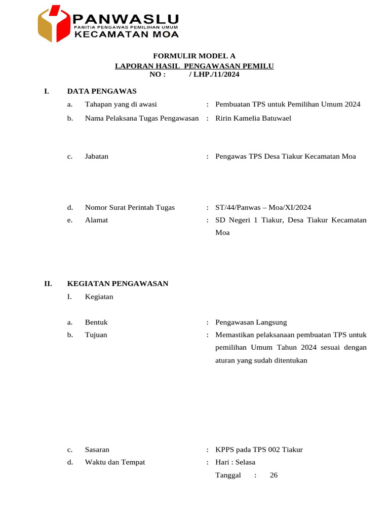 FORMULIR MODEL A Pembuatan TPS 002 Tiakur | PDF