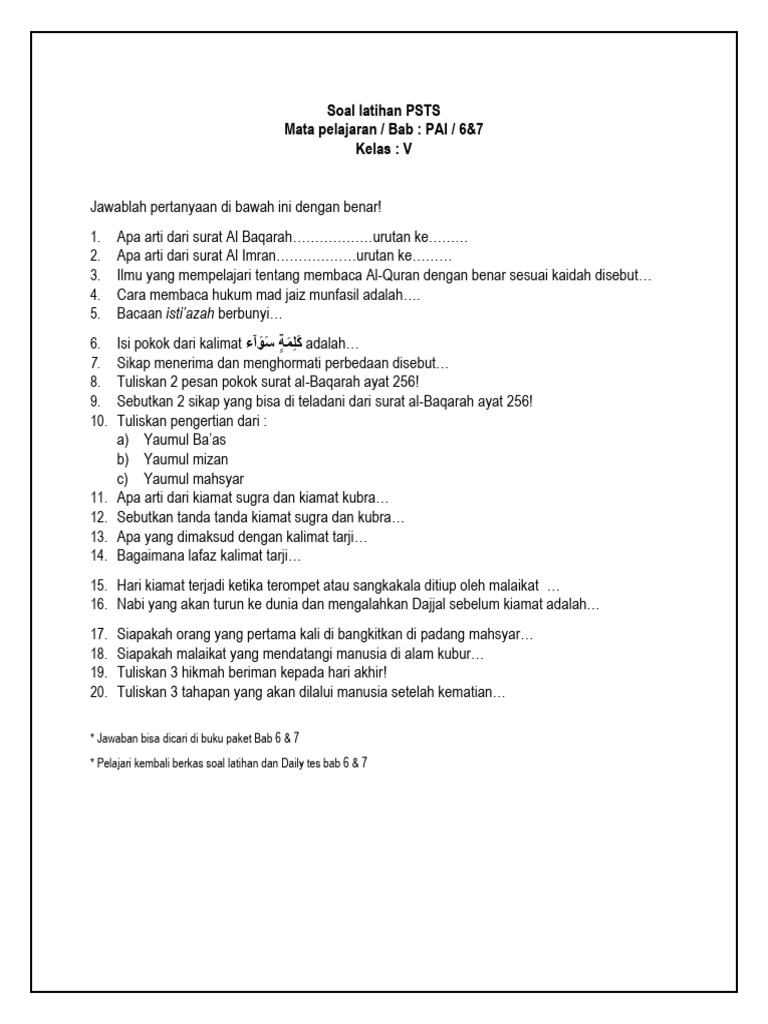 Soal Latihan PSTS PAI Kelas 5 Bab 6&7 | PDF
