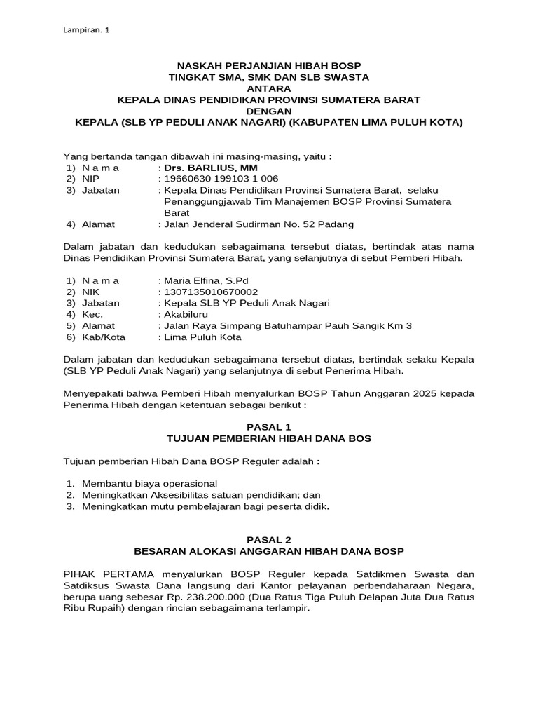 Naskah Perjanjian Hibah (NPH) Bos 2025 | PDF