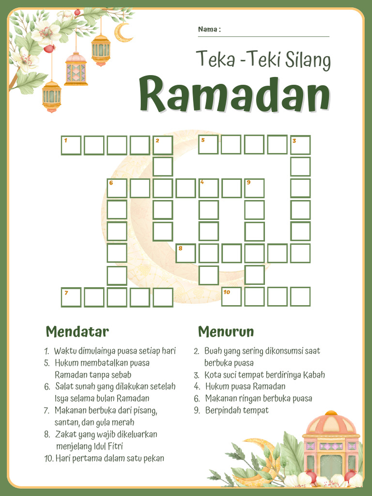 Teka - Teki Silang Ramadan Lembar Kerja TTS Hijau Putih | PDF