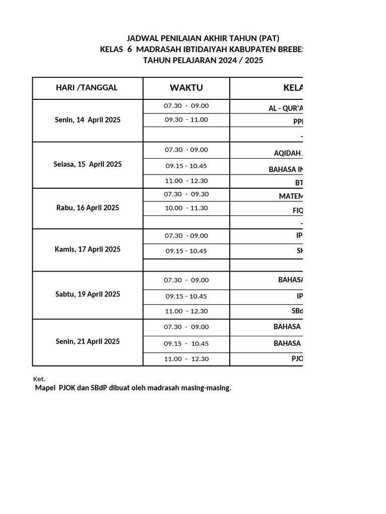 Jadwal Pat Kls 6 Dan Asat Kls 1-5 Tp. 2024- 2025 Fix | PDF