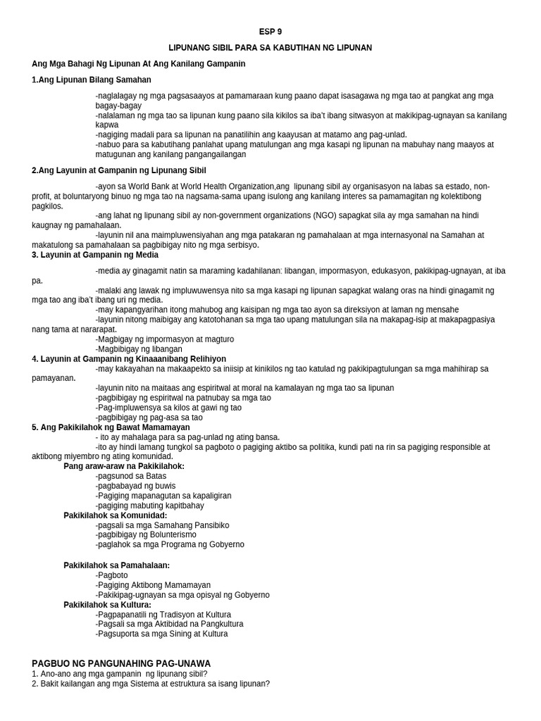 ESP 9 Lipunang Sibil para Sa Kabutihan NG Lipunan | PDF