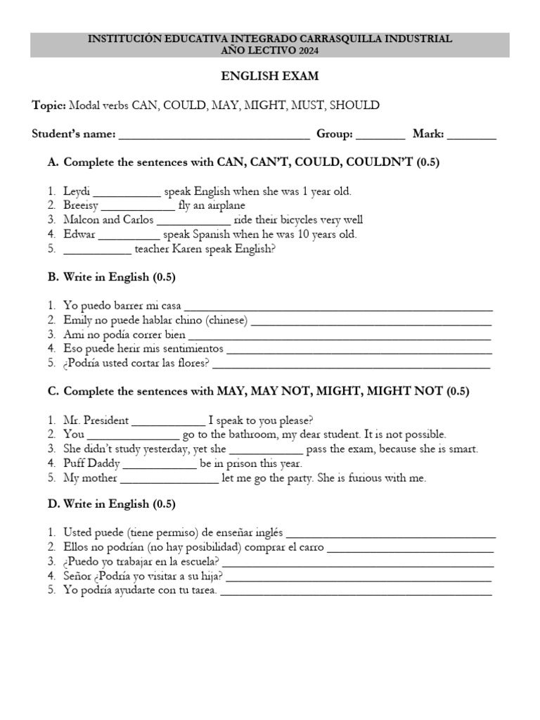 English Exam on Modal Verbs 2024 | PDF | Language Families | Linguistic ...
