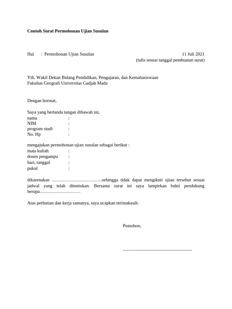 Contoh Surat Permohonan Ujian Susulan | PDF