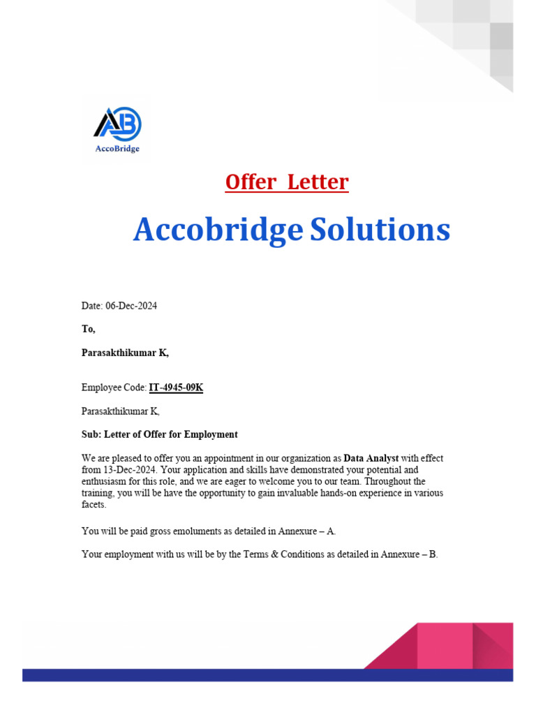 Offer Letter Accobridge | PDF