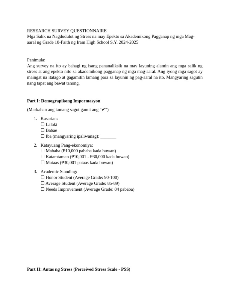 RESEARCH SURVEY QUESTIONNAIRE Nico | PDF