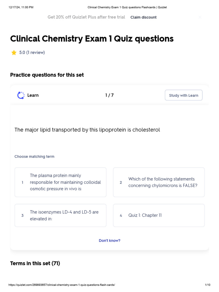 Clinical Chemistry Exam 1 Flashcards | PDF | Creatinine | Blood Plasma