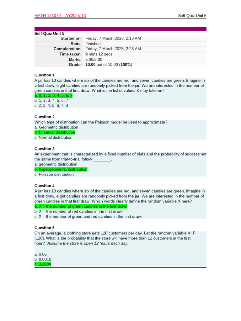 Self Quiz U5 | PDF | Probability Distribution | Poisson Distribution