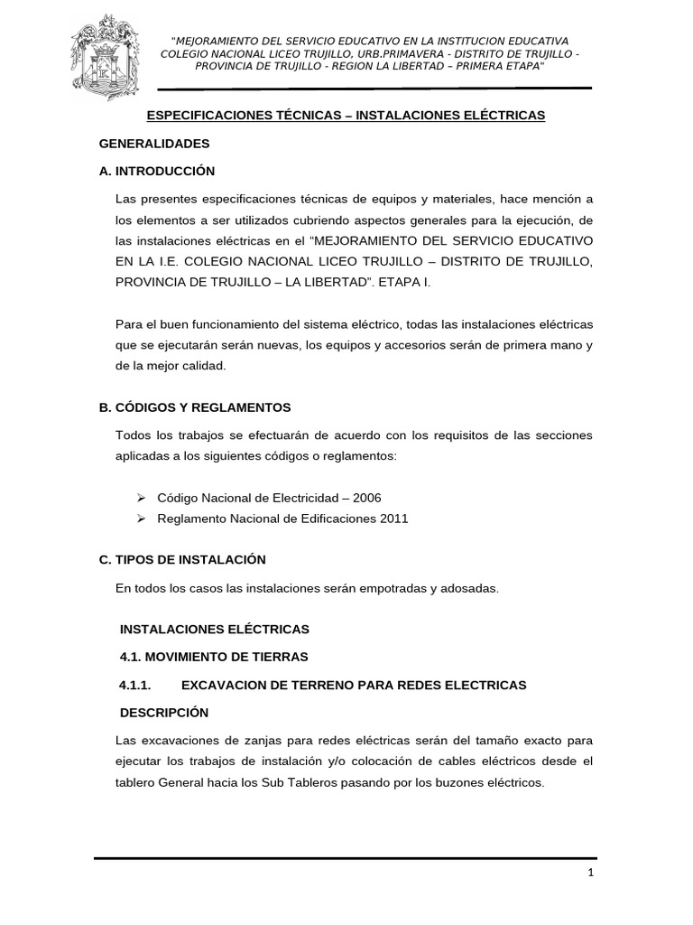 04 ESPECIFICACIONES TECNICAS DE INSTALACIONES ELECTRICAS | PDF | Ingenieria Eléctrica | Electricidad