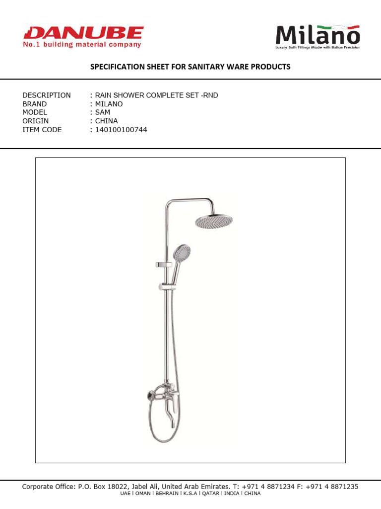 Milano Sam Rain Shower Complete Set - RND Made in China 140100100744 | PDF