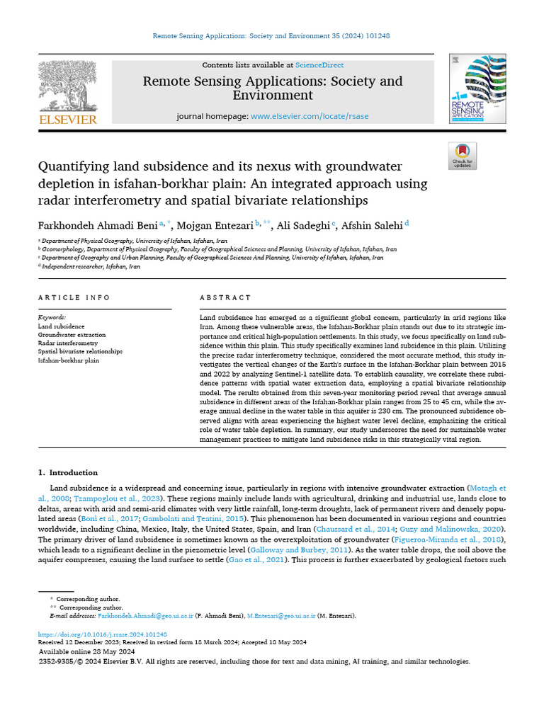 Quantifying land subsidence and its nexus with groundwater depletion in isfahan-borkhar plain An ...