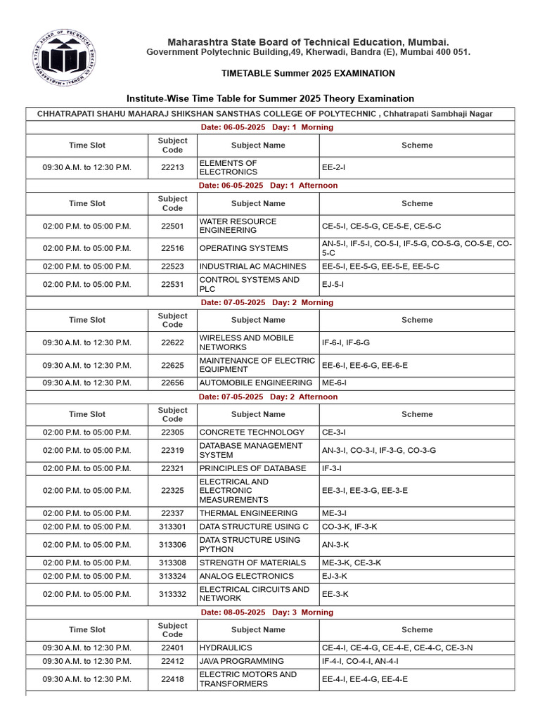 Polytechnic Summer 2025 Exam Timetable | PDF | Engineering | Computer ...