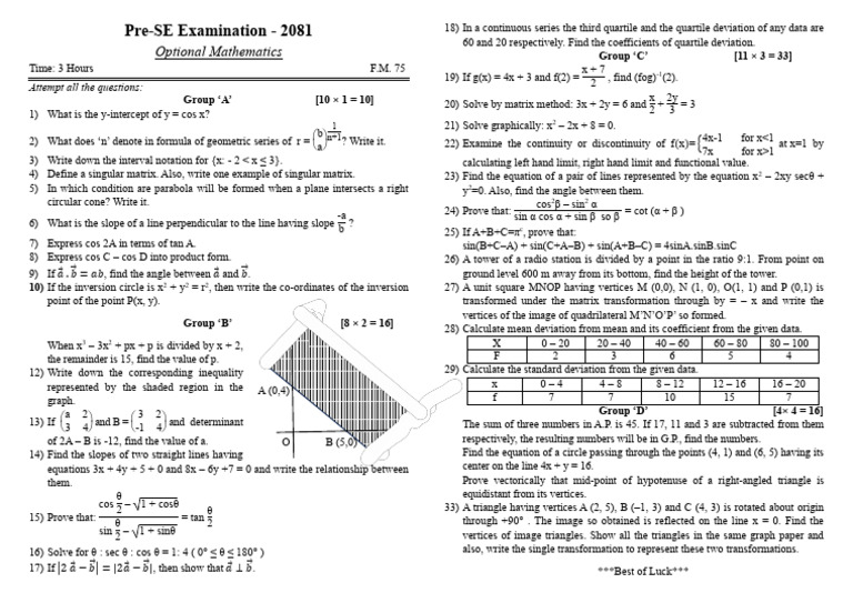 Opt. Maths Pre SE Examination 2081 | PDF | Linear Algebra | Mathematical Objects