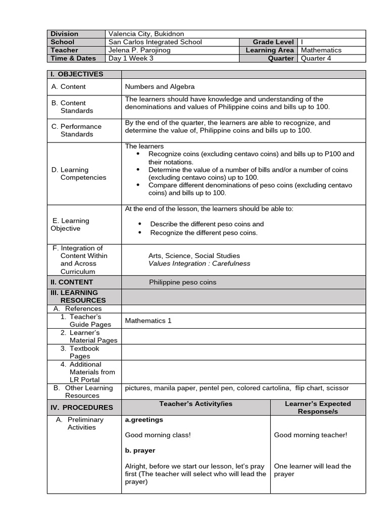 Lucel Math-1 Q4 Week-3 Day-2 | PDF | Currency | Philippines