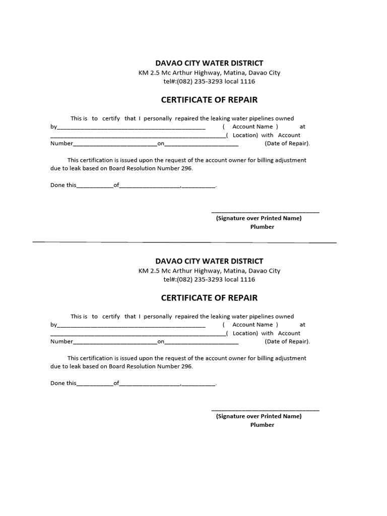 Certificate of Water Pipeline Repair | PDF