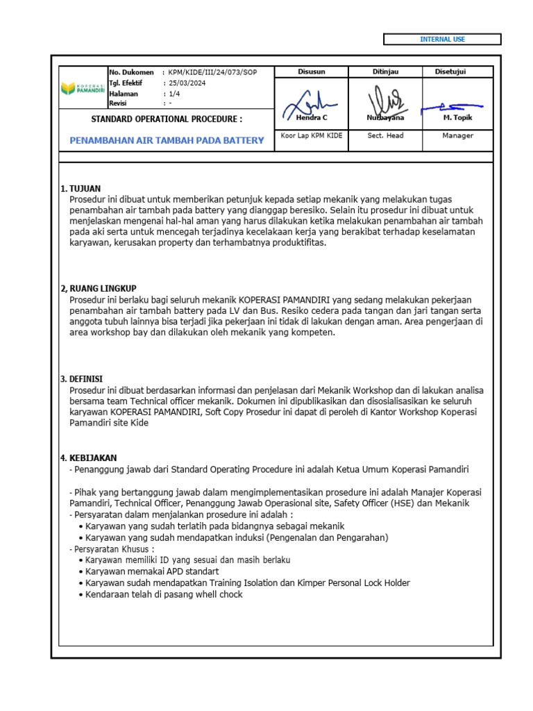 SOP - Penambahan Air Tambah Pada Battery | PDF