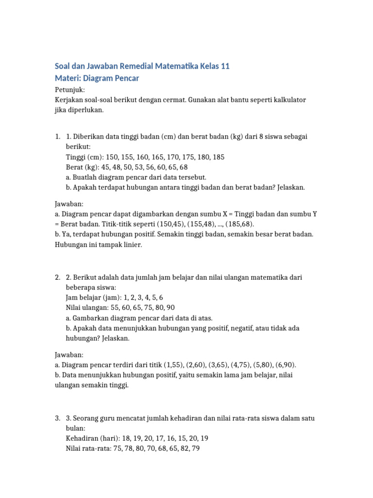 Soal Dan Jawaban Remedial Matematika Kelas 11 Diagram Pencar | PDF
