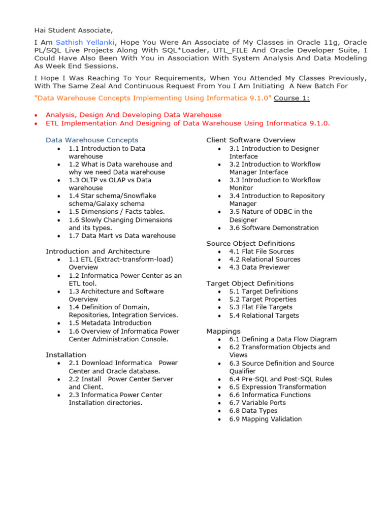 Skyess Informatica Syllabus | PDF | Data Warehouse | Databases
