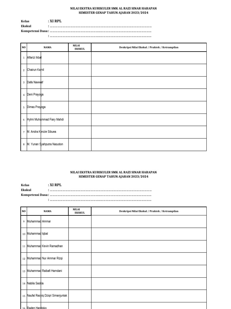 Format Nilai Ekskul Usem Genap 20232024 | PDF