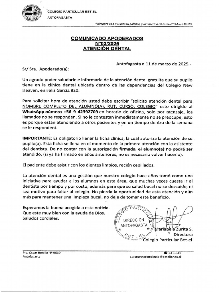Comunicado 03 Apoderados Atencion Dental | PDF