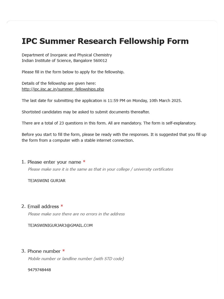 IPC Summer Research Fellowship Form | PDF | Mathematics | Pure Mathematics