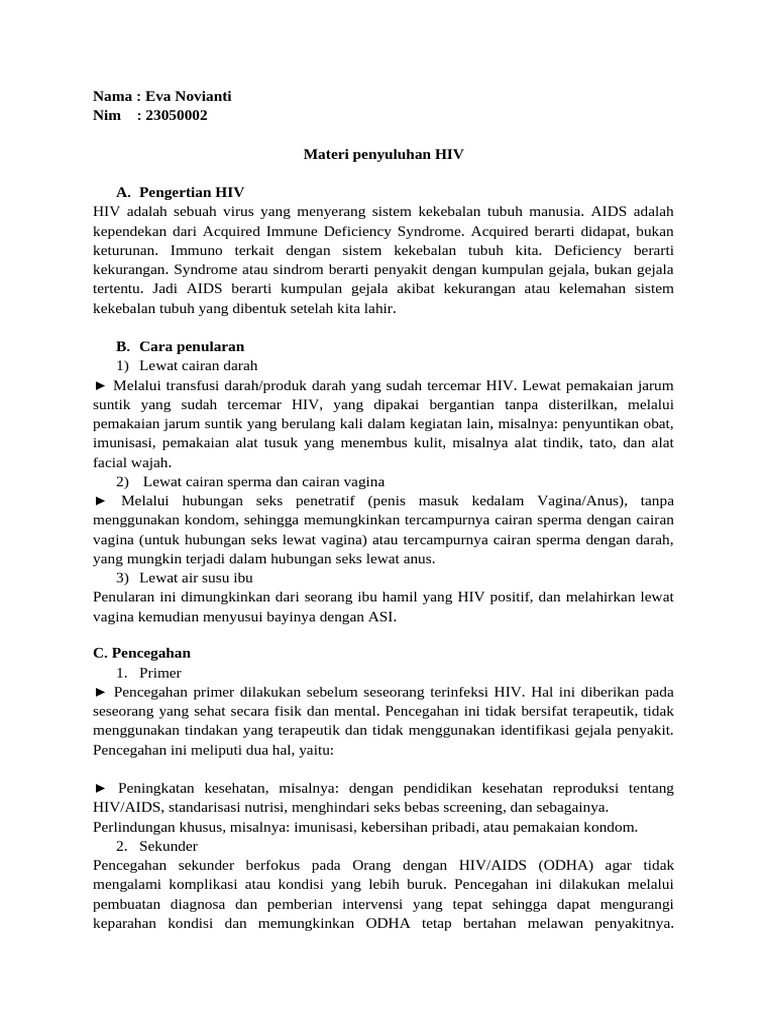 Nama: Eva Novianti Nim: 23050002 Materi Penyuluhan HIV A. Pengertian HIV | PDF