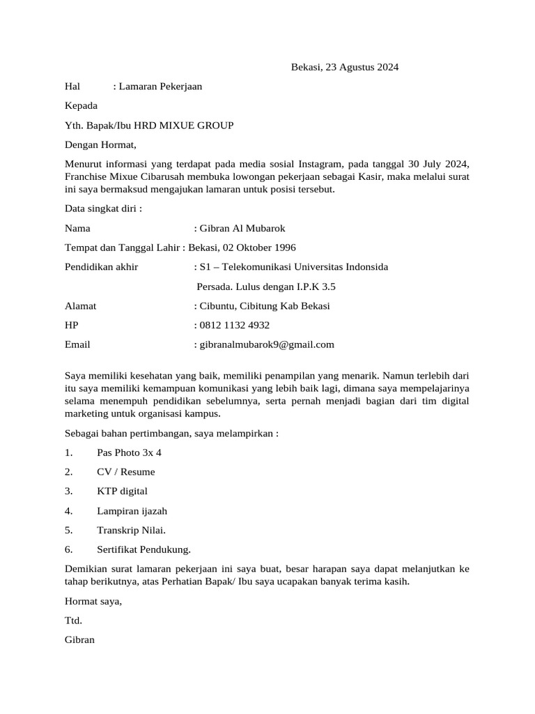 Lamaran Kerja Kasir Mixue Group | PDF
