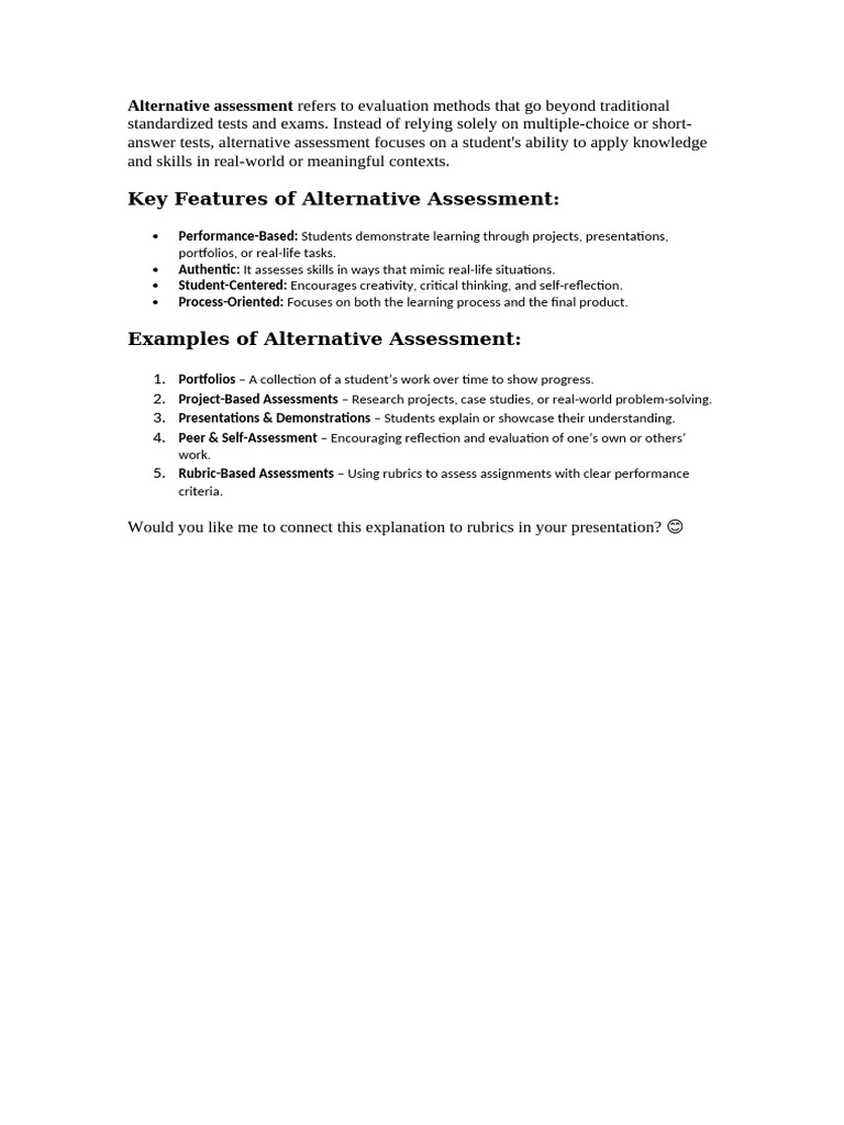 Understanding Alternative Assessment Methods | PDF
