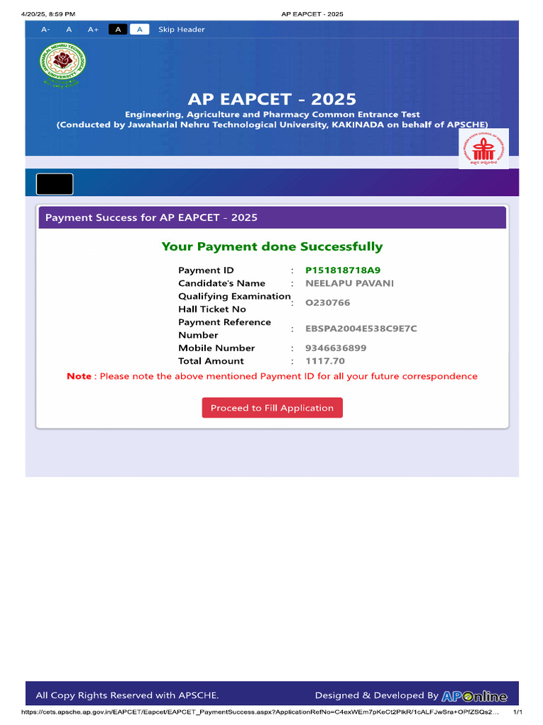 Pavani Eapcet 2025 Payment Reeipt | PDF
