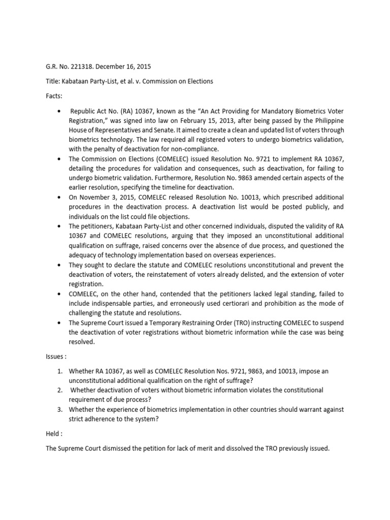 COMELEC Biometrics Voter Registration Ruling | PDF | Suffrage | Biometrics