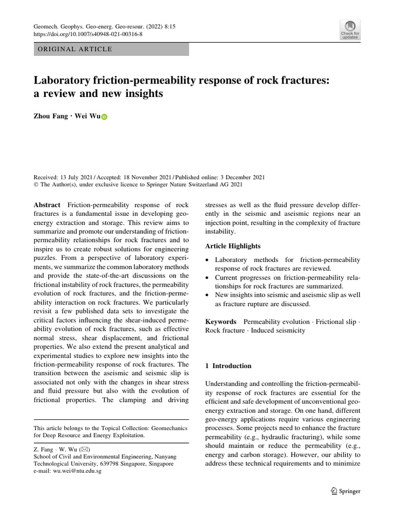 Laboratory Friction-Permeability Response of Rock Fractures: A Review and New Insights | PDF ...