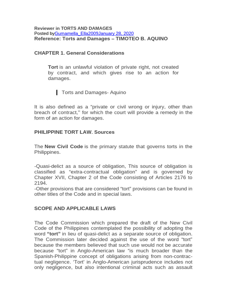 Reviewer-in-TORTS-AND-DAMAGES | PDF | Tort | Negligence