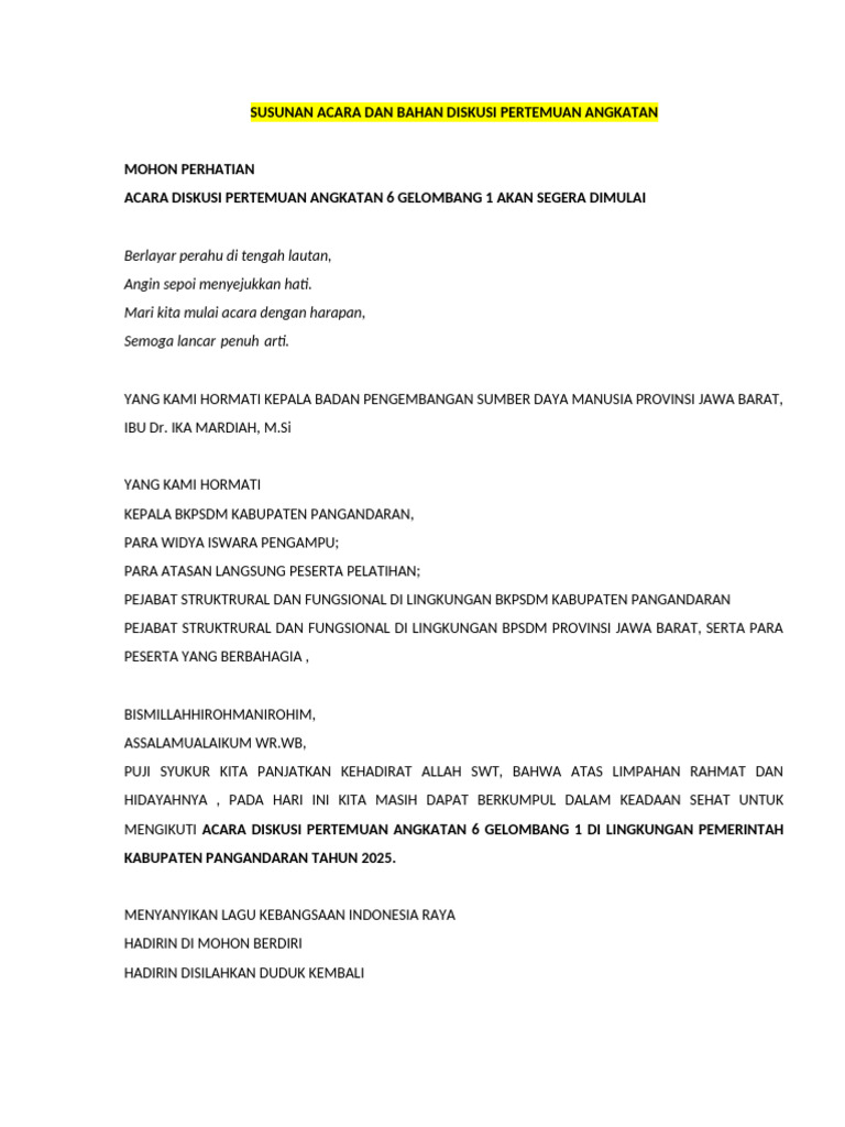 SUSUNAN ACARA DAN BAHAN DISKUSI PERTEMUAN ANGKATAN | PDF