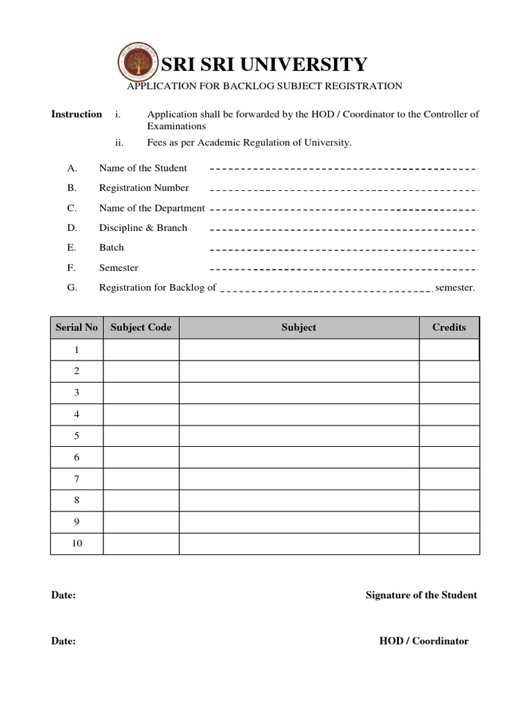 Registration Format - Backlog Exam | PDF