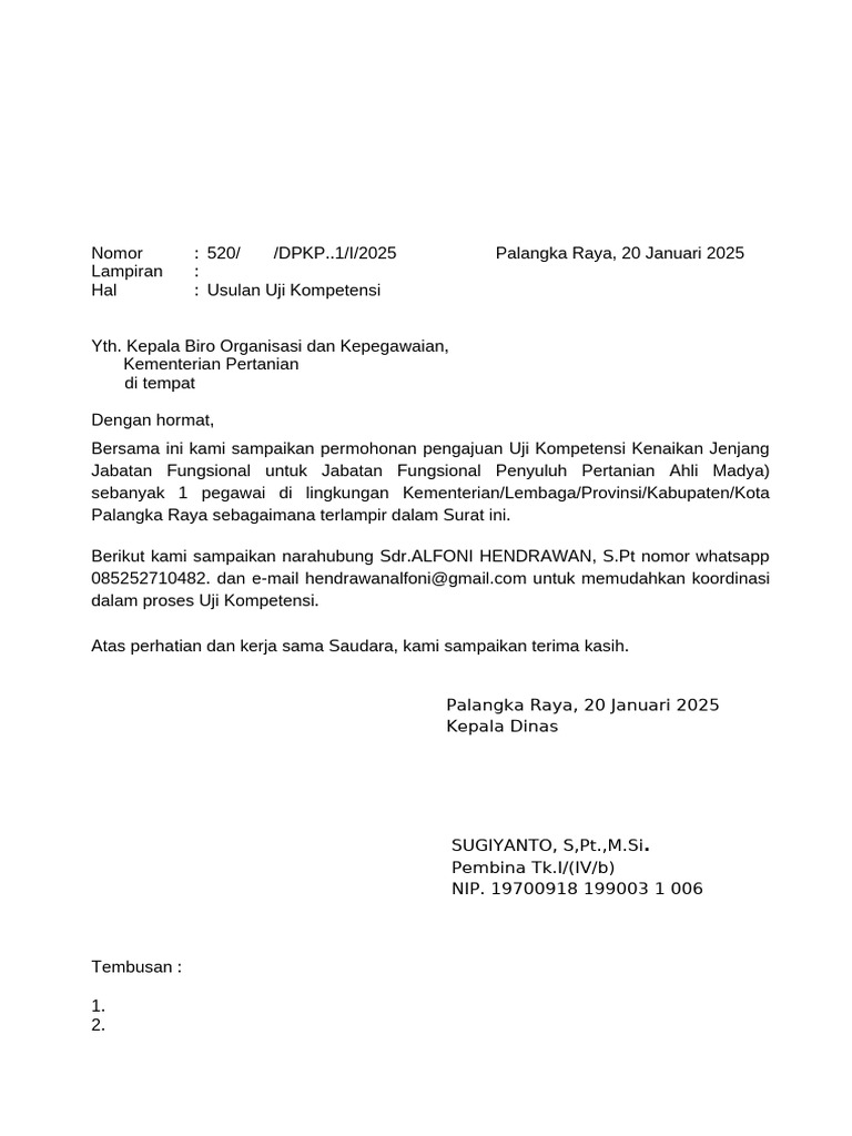 Contoh Format Surat Usulan Uji Kompetensi JF | PDF