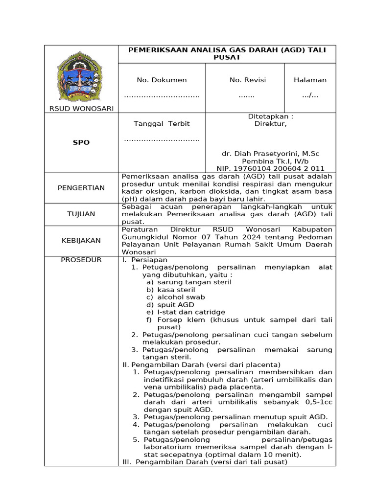 Spo Pemeriksaan Analisa Gas Darah (Agd) Tali Pusat | PDF