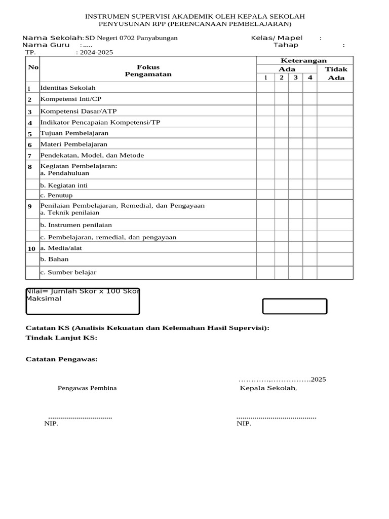 Form 2 Supervisi RPP-SMT 1-2024 | PDF