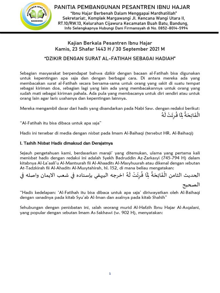 Dzikir Dengan Al-Fatihah Sebagai Hadiah | PDF
