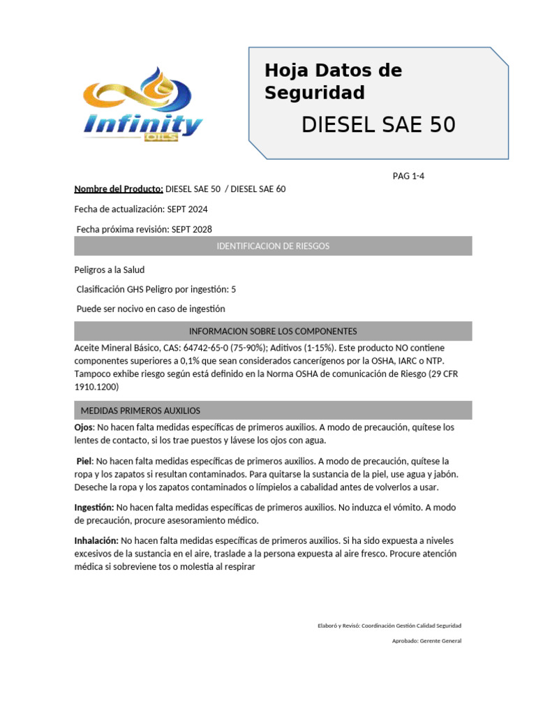 Msds DIESEL 50 INFINITY | PDF | Corrosión | Combustión