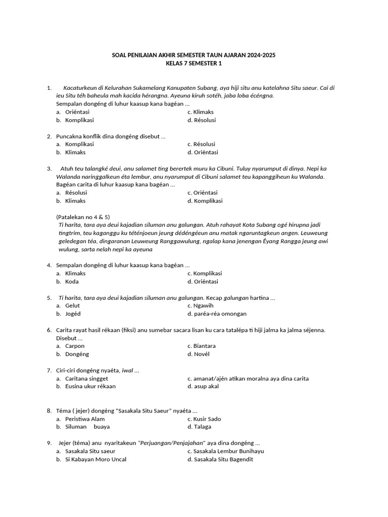 Soal Pas Basa Sunda Kelas 7 | PDF