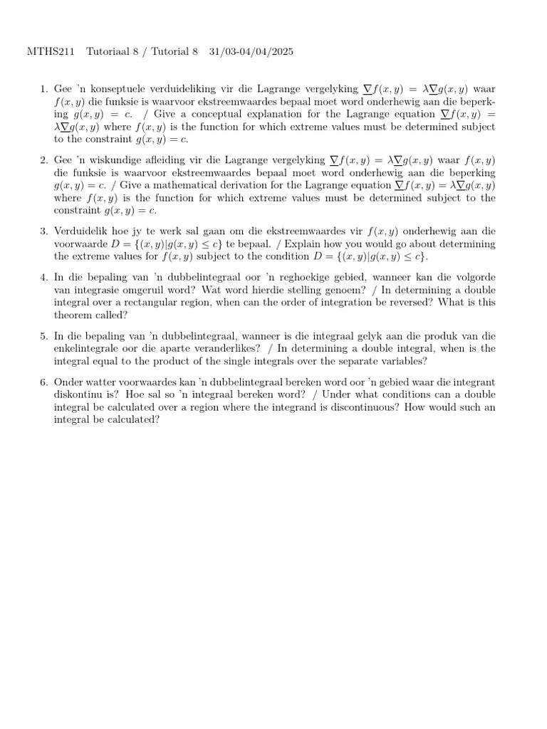 MTHS211 Tutoriaal 8 2025 | PDF