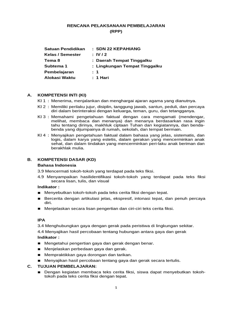 RPP Kelas 4 SD Tema 8 | PDF