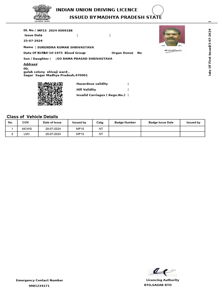 Madhya Pradesh Driving Licence Sample | PDF