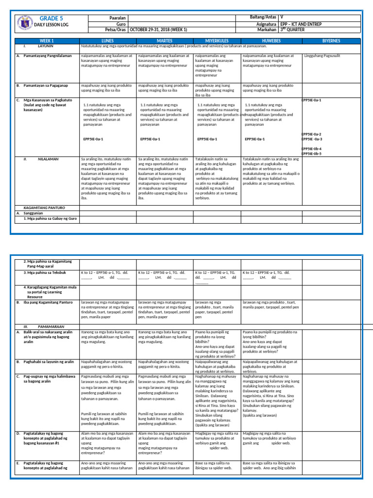 DLL G5 Q4 WEEK 1 ALL SUBJECTS (Mam Inkay Peralta) | PDF