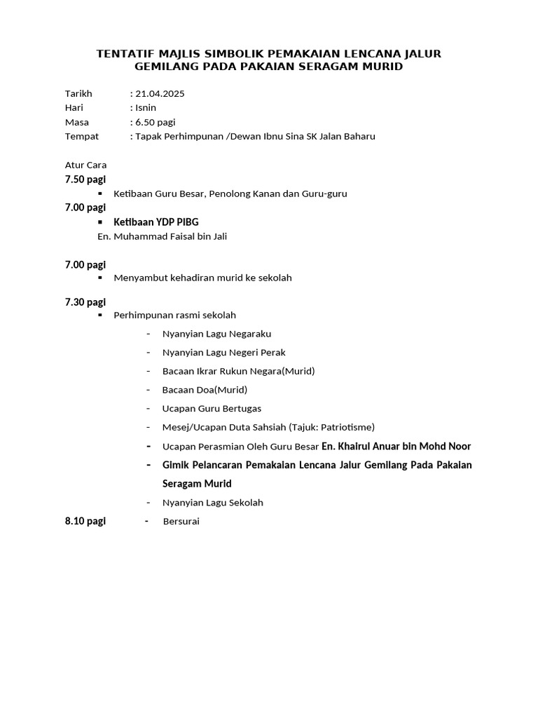Tentatif Majlis Simbolik Pemakaian Lencana Jalur Gemilang | PDF