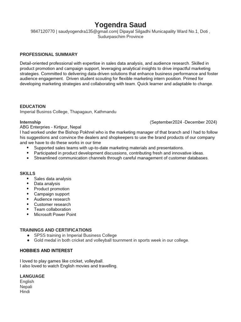 Marketing Intern Resume of Yogendra Saud | PDF